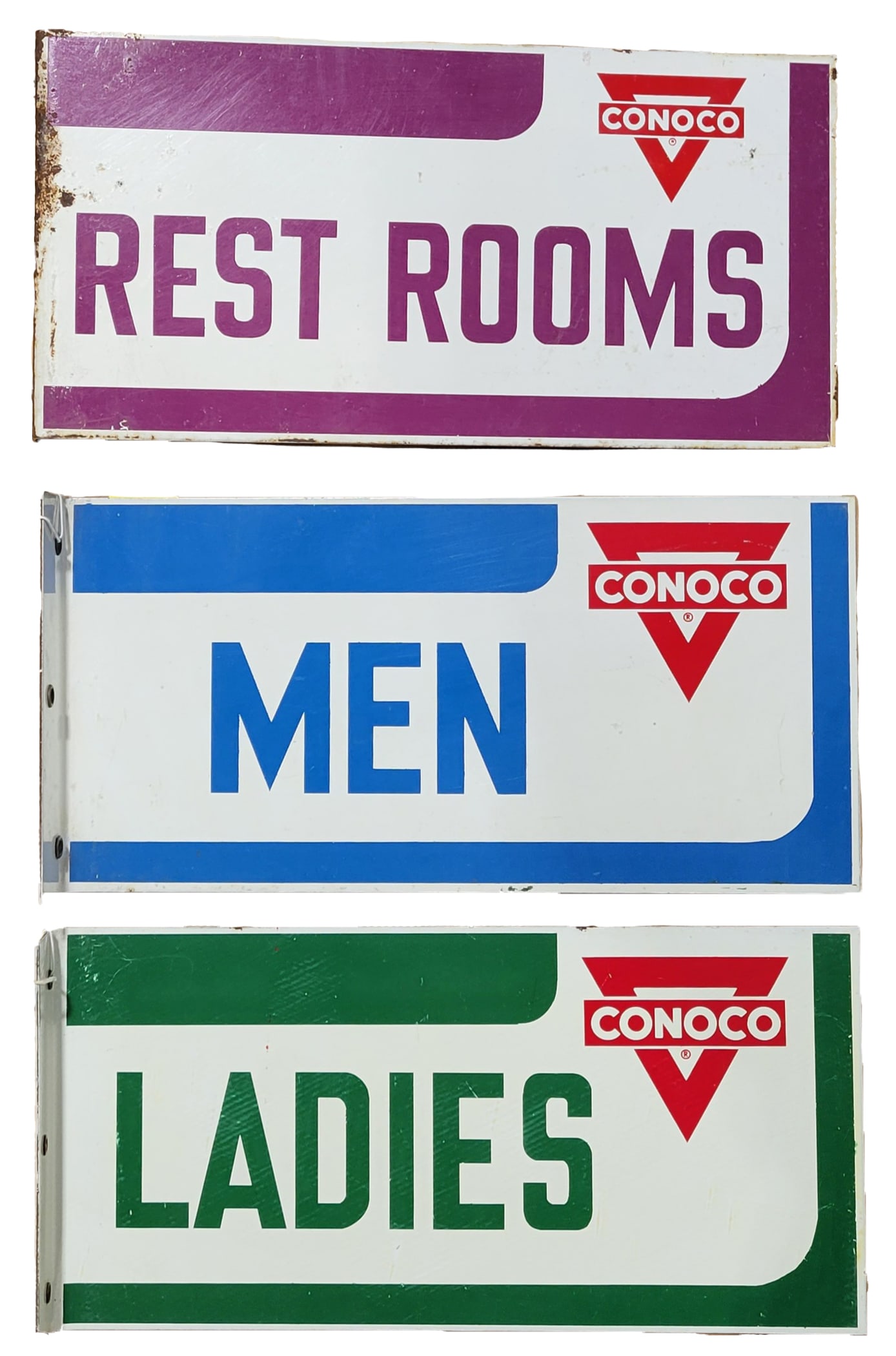 Conoco Men Ladies Rest Rooms Double Sided Metal Flange Signs Auction