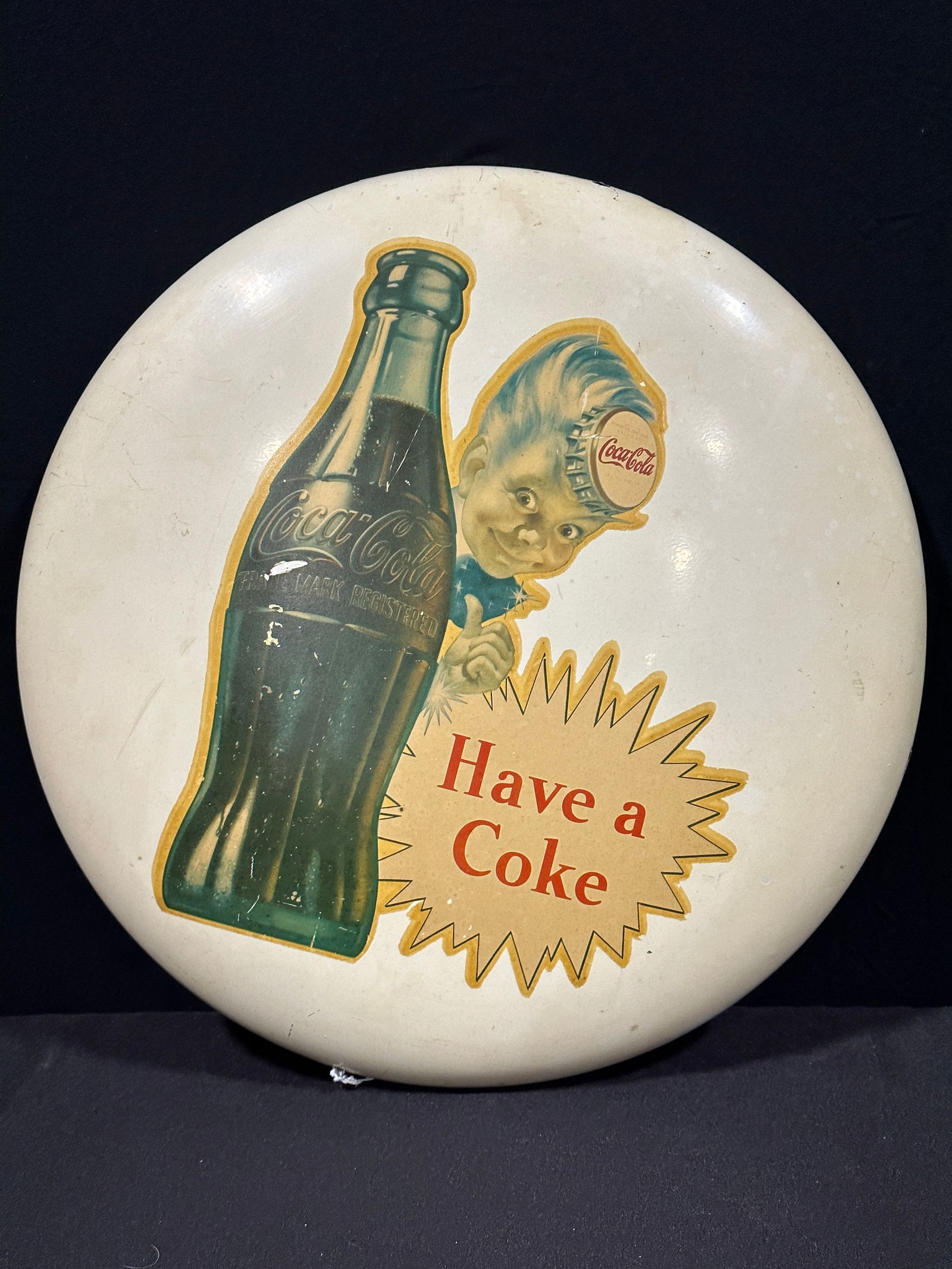 White 16" Coca Cola Coke Button Tin Metal Display Sign Auction