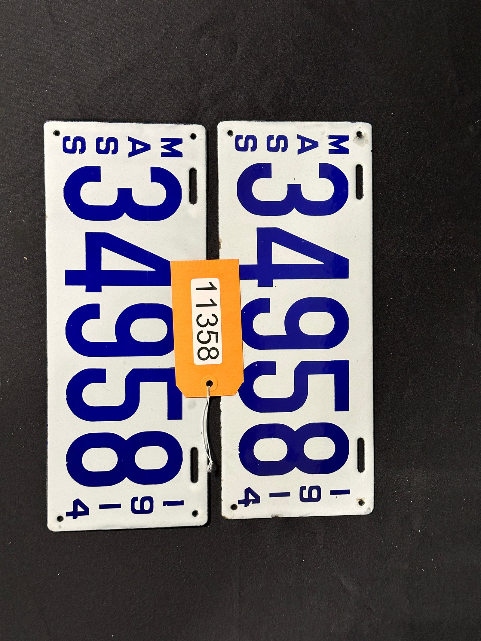 2 Matching Massachusetts Porcelain License Plate 1914