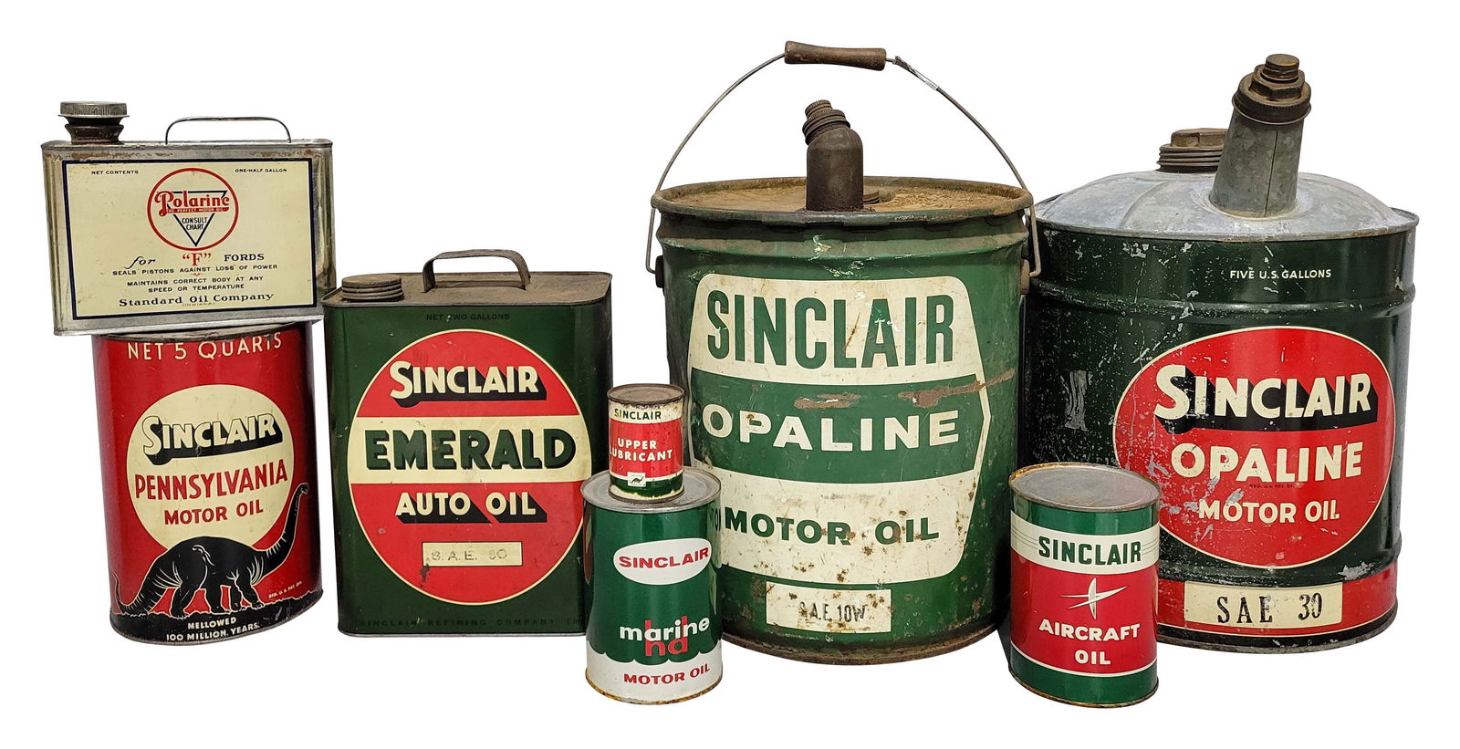 Group Of 7 Sinclair Oil Cans And Polarine For Fords 1/2 Gallon Auction