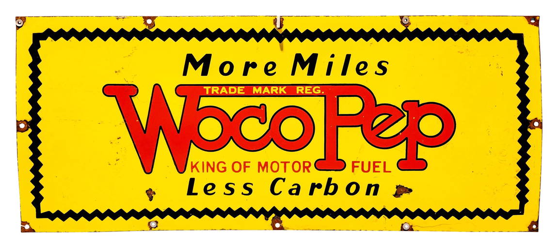 Woco Pep More Miles Less Carbon Single Sided Porcelain Sign