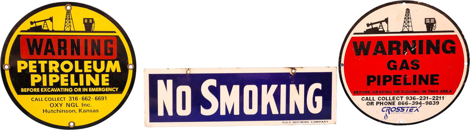 Gas And Petroleum Pipeline Warning, Gulf No Smoking Porcelain Signs