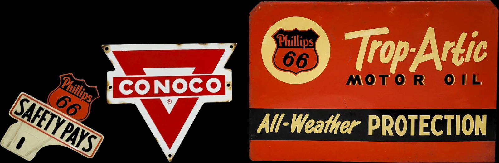 Phillips 66 Rack Sign, Safety Pays Topper, And Conoco Pump Plate Sign ...