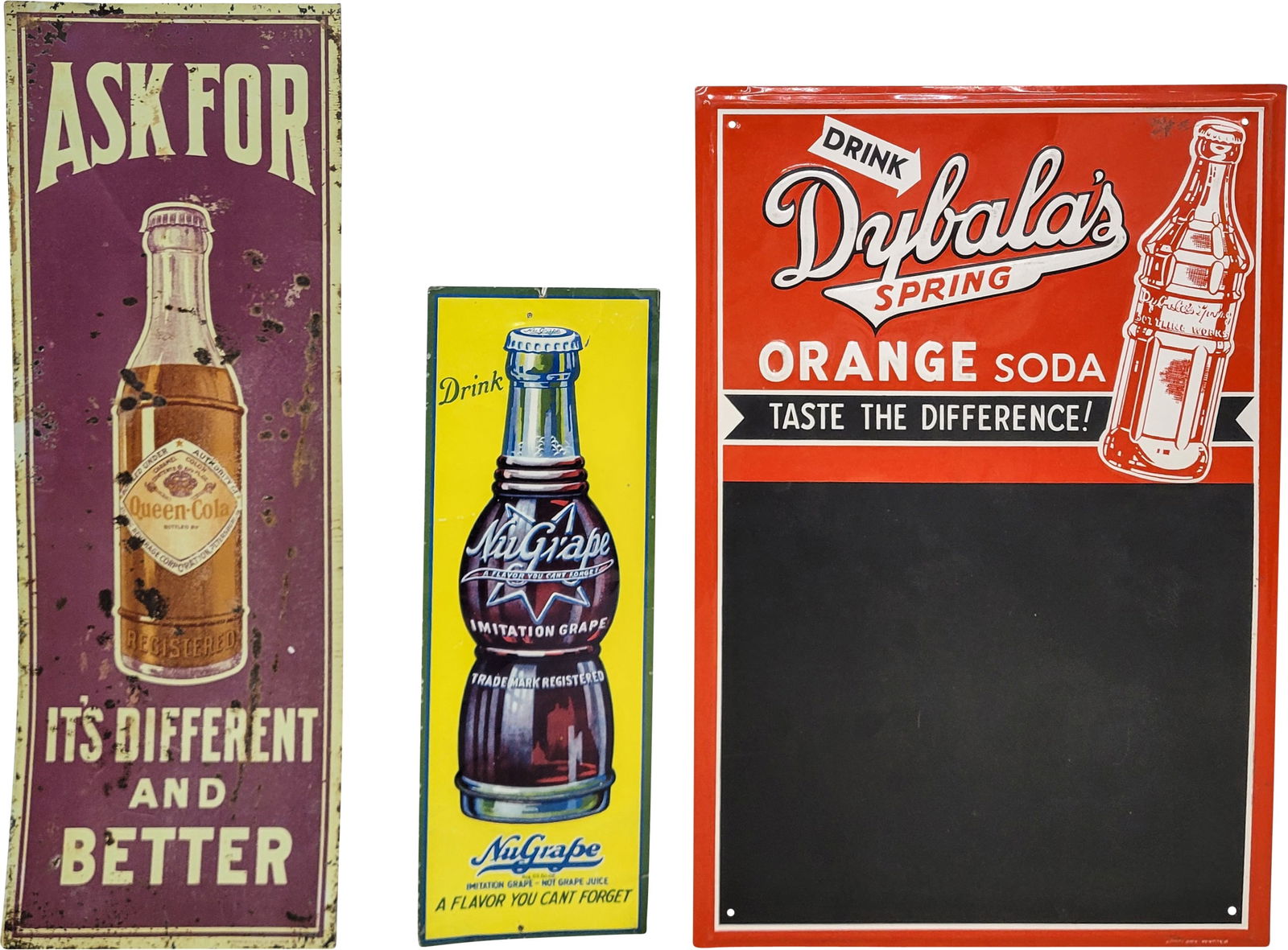 Group Of Three Single Sided Tin Signs Nugrape Queen Cola & Dybala's ...