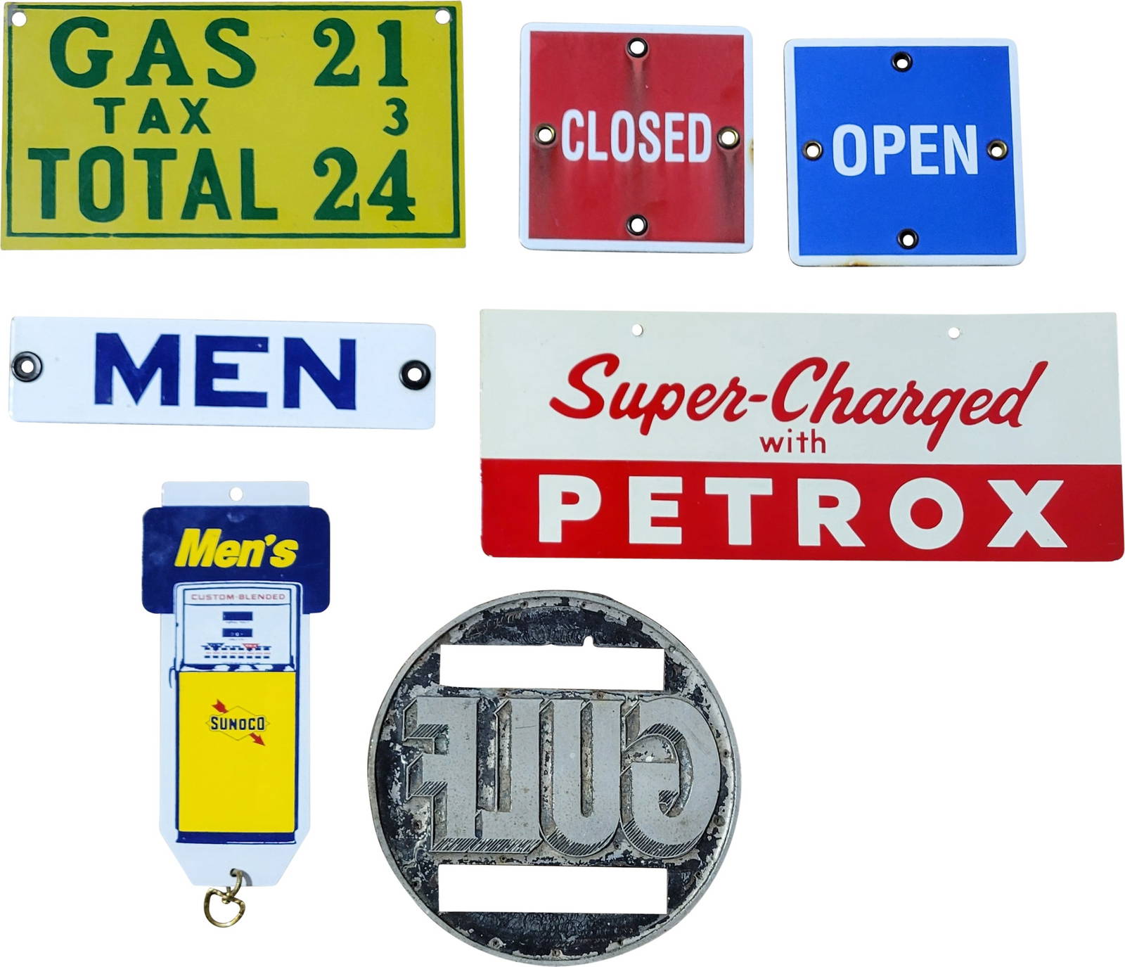 Group Of 7 Petroliana Items Pump Signs Texaco Gulf Sunoco Key Men ...