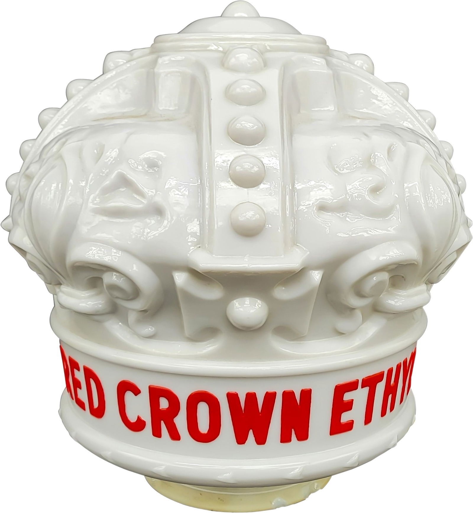 Red Crown Ethyl Gasoline One-piece Cast Milk Glass Gas Pump Globe Auction