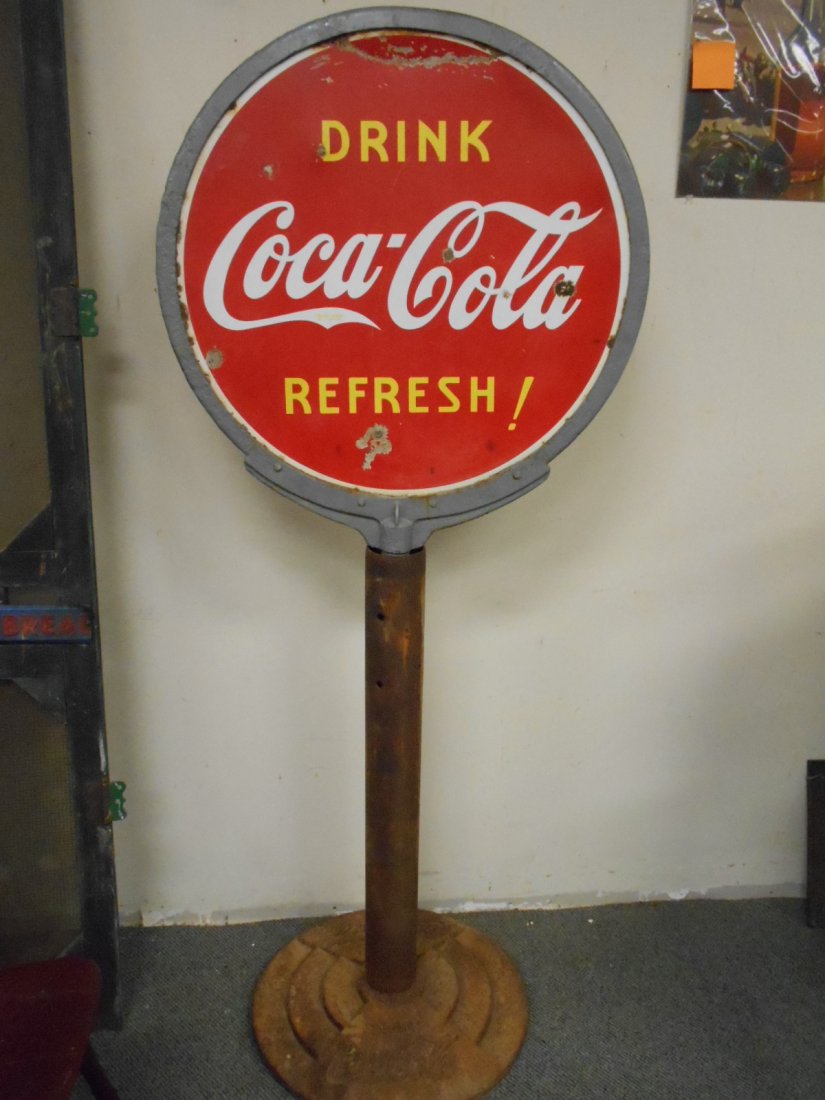 1946 Coca Cola lollipop sign w/ cast iron base