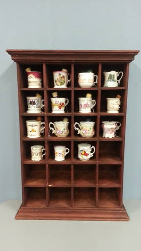 Wood Shaving Mug Display With Shaving Mugs & Brushes