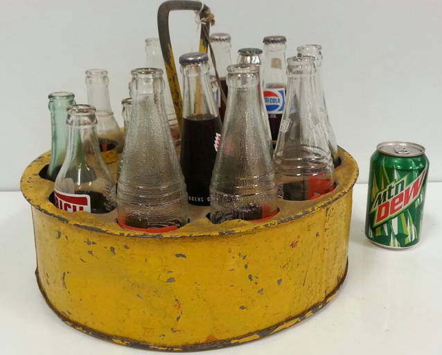 Vintage Round Metal Stadium Soda Pop Carrier & Bottles