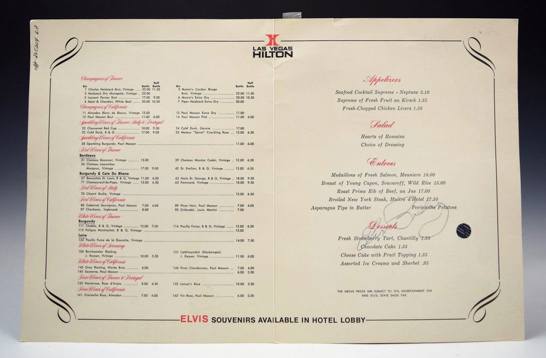 Elvis Presley Signed Menu