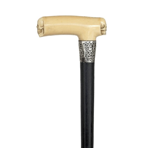 64: Ivory Skull Cane-Circa 1890-A carved ivory Memento