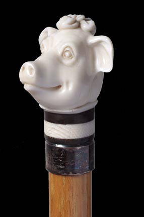 13. Whimsical Ivory Pig Cane Early 20th Century Car
