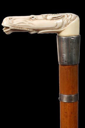 1. Ivory Horse Head Gun Cane-Ca. 1895-A finely carved i