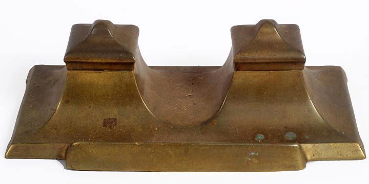Bronze Double Inkwell, Ca. 1900. Two Glass Inserts In F