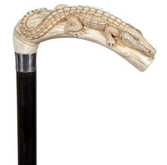 130. Ivory Alligator Cane-Twentieth Century-A carved