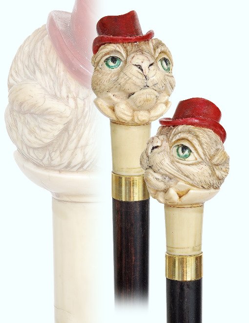 45. Ivory Cat Cane-Ca. 1900-Well carved ivory humanized