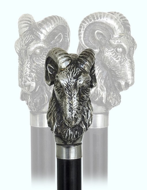 50. Silver Ram Head Cane-Ca. 1930-Substantial and well