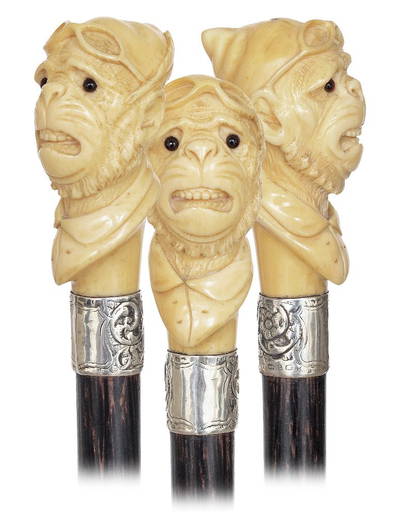 94. Ivory Satirical Monkey Cane Ca. 1890 Ivory Handle