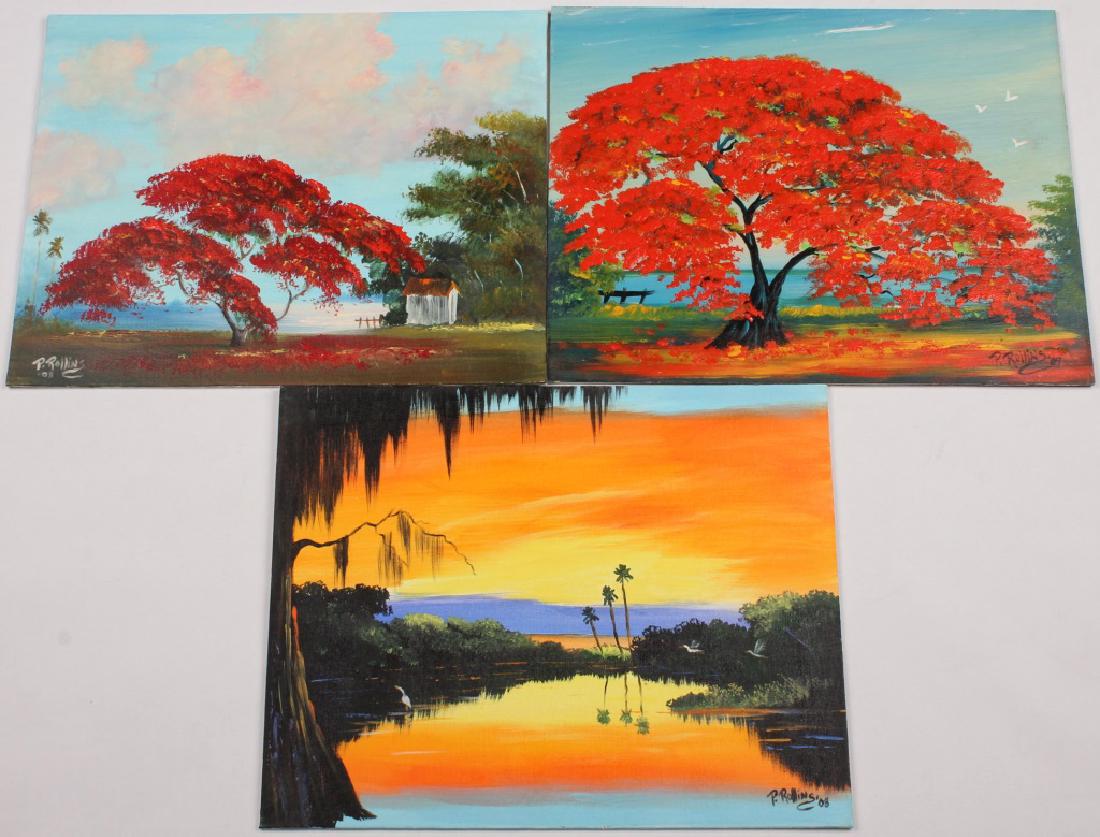 3 PAT ROLLINS OIL ON BOARD PAINTINGS