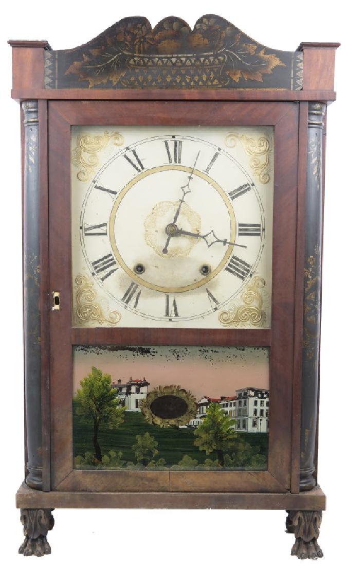 ELI TERRY JR. PILLAR & SCROLL WOODEN MANTLE CLOCK