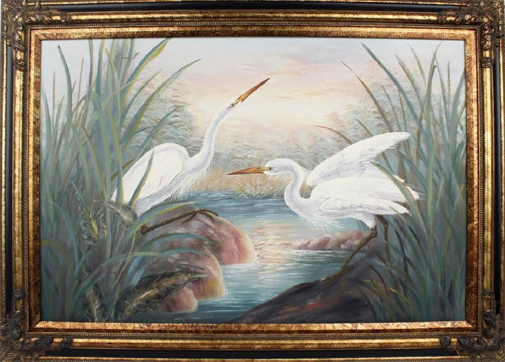 A. Maley Florida Artist Cranes Oil On Canvas