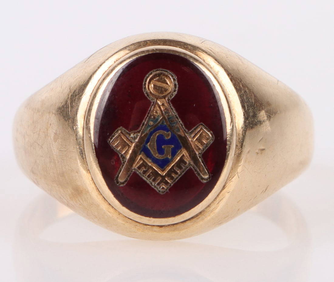 10k Yellow Gold Men's Inset Ruby Masonic Ring Auction