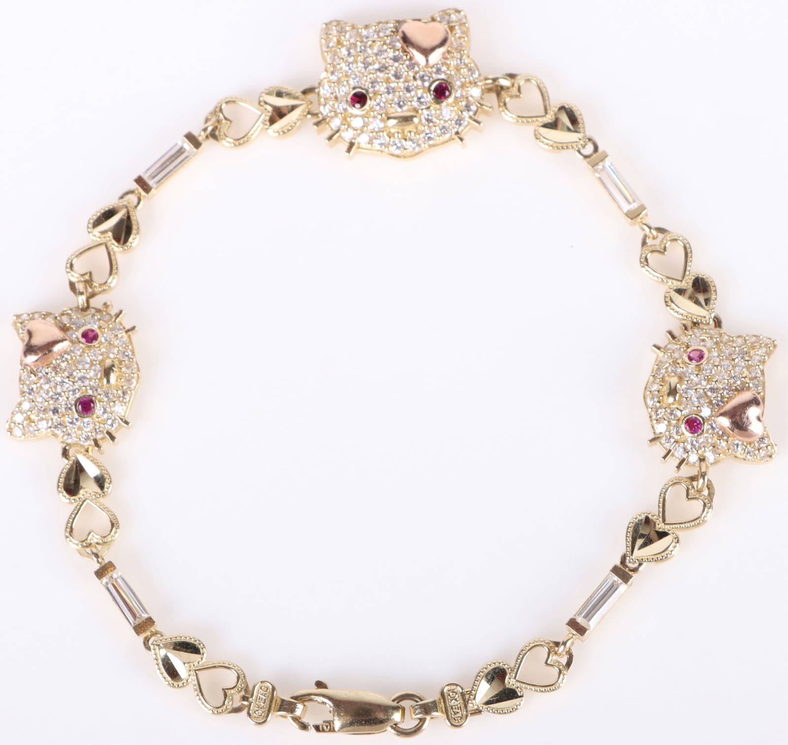 10k Yellow Gold Hello Kitty Ruby Cz Bracelet Auction