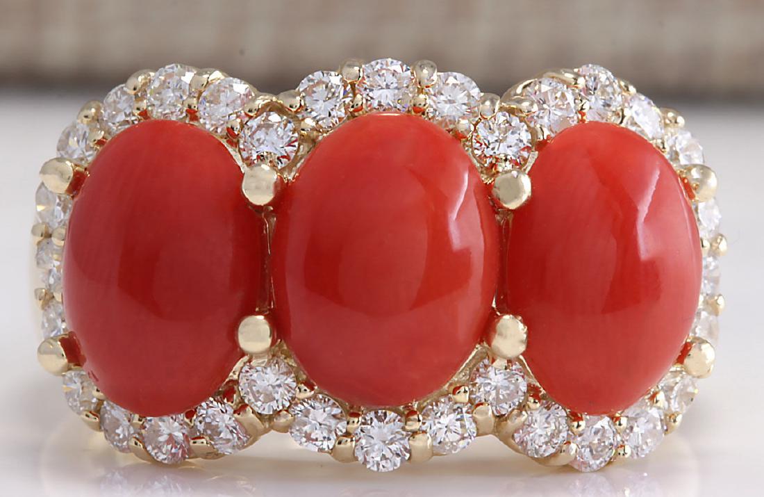 5.10CTW Natural Red Coral And Diamond Ring 18K Solid
