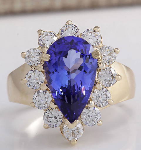 4.36carat Natural Blue Tanzanite And Diamond Ring 18k Solid Yellow Gold