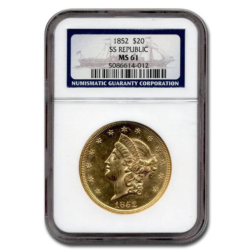 1852 $20 Liberty Gold Double Eagle Ms 61 Ngc (ss Republic)