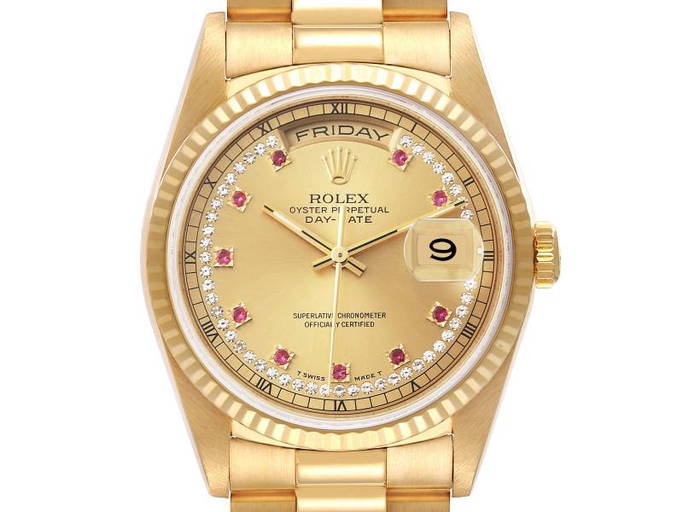 Rolex President Day Date Yellow Gold String Diamond Ruby Dial Watch