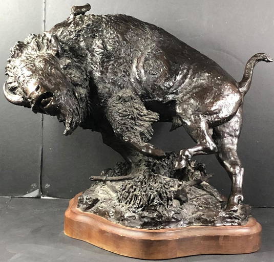 Rusty Phelps Raging Bison Bronze Sculpture With Wood