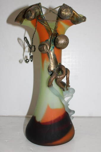 Signed Art Nouveau Art Glass & Copper Overlay Vase