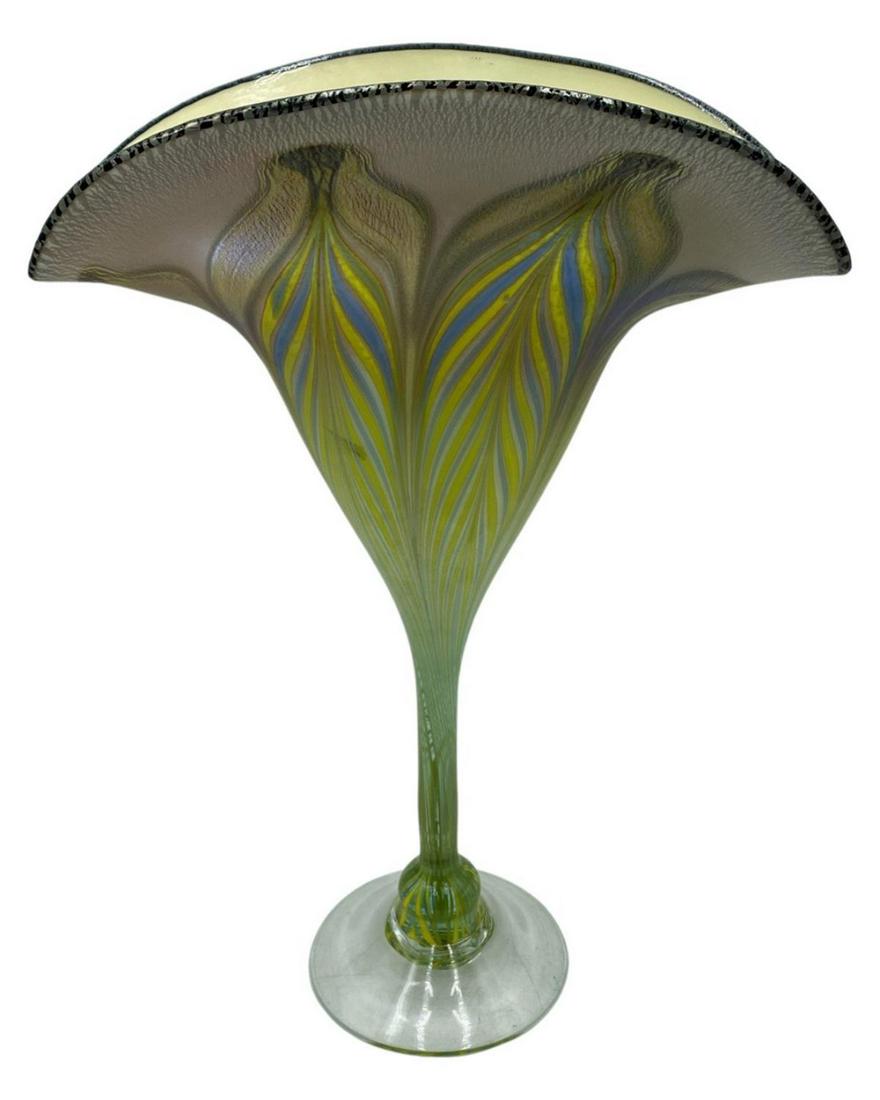 Signed Vandermark Studio Pulled Feather Art Glass Fan Vase Opalescent ...