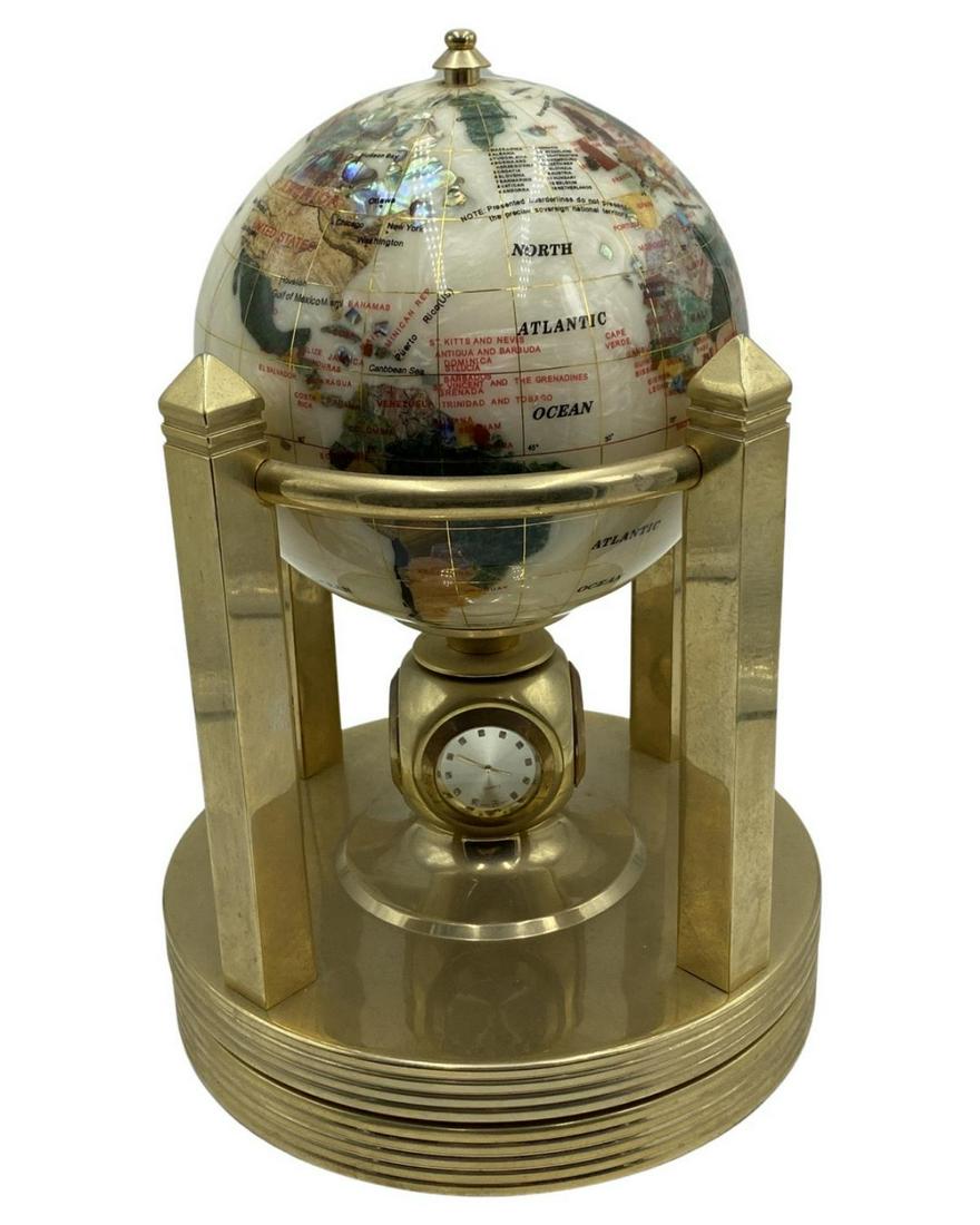 Mother of Pearl & Gemstone Rotating Globe with Three Quartz Clocks ...