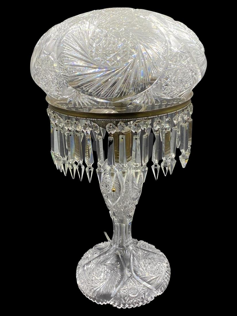 American Brilliant Cut Glass Lamp With Dome Shade & Prisms - Apr 23 ...