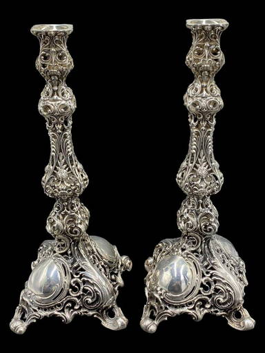 Pair Of Hazorfim Judaica 925 Sterling Silver Pierced Candlestick