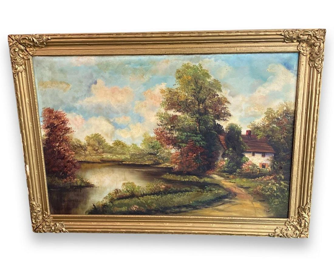 Signed L. Richards Oil Painting On Canvas Landscape & Lake Scene