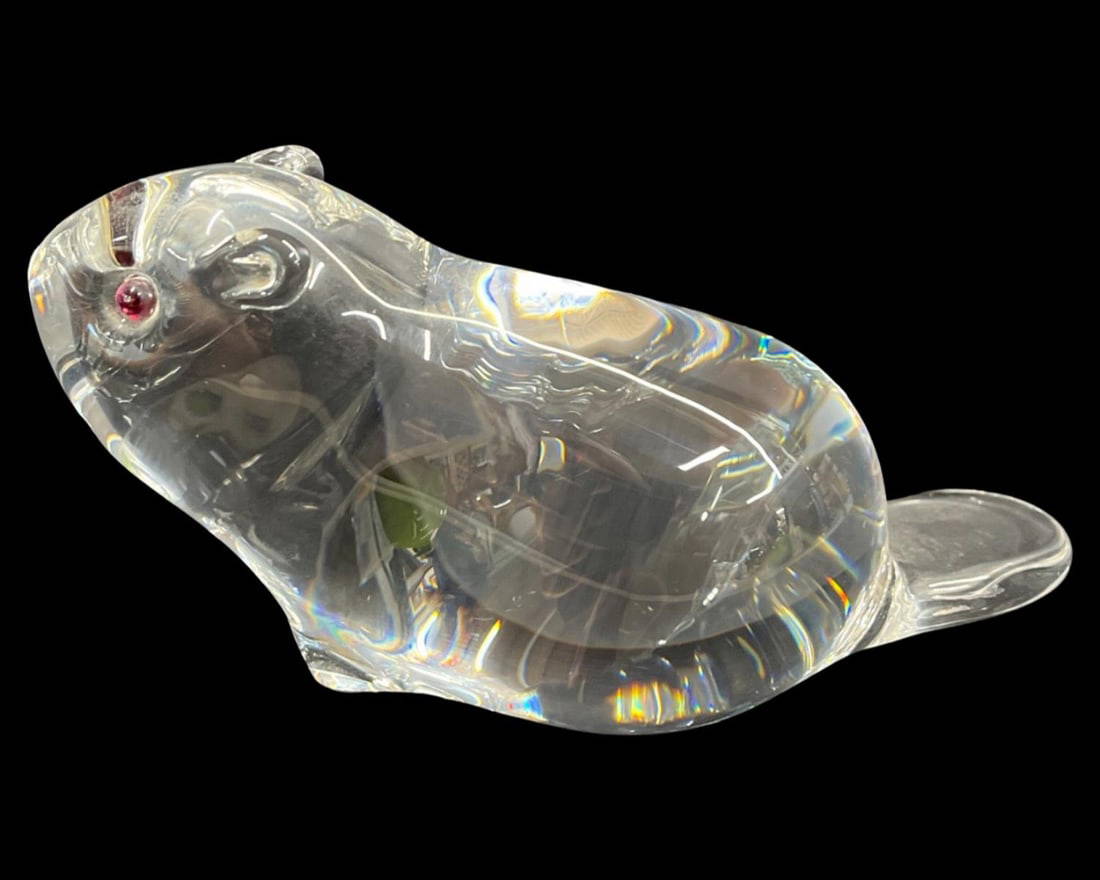 Steuben Crystal Beaver Figure With Red Cabochon Garnet Eyes Auction