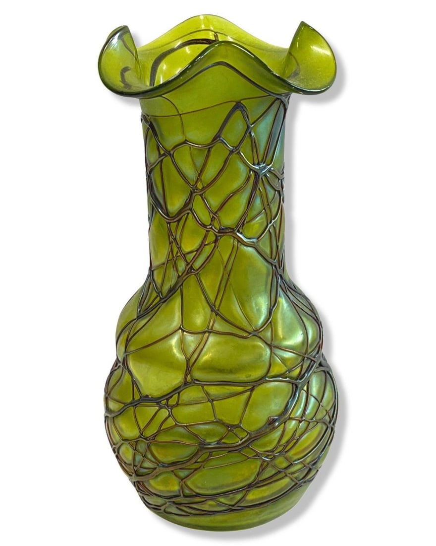 Loetz? Green Iridescent Threaded Art Glass Vase Auction