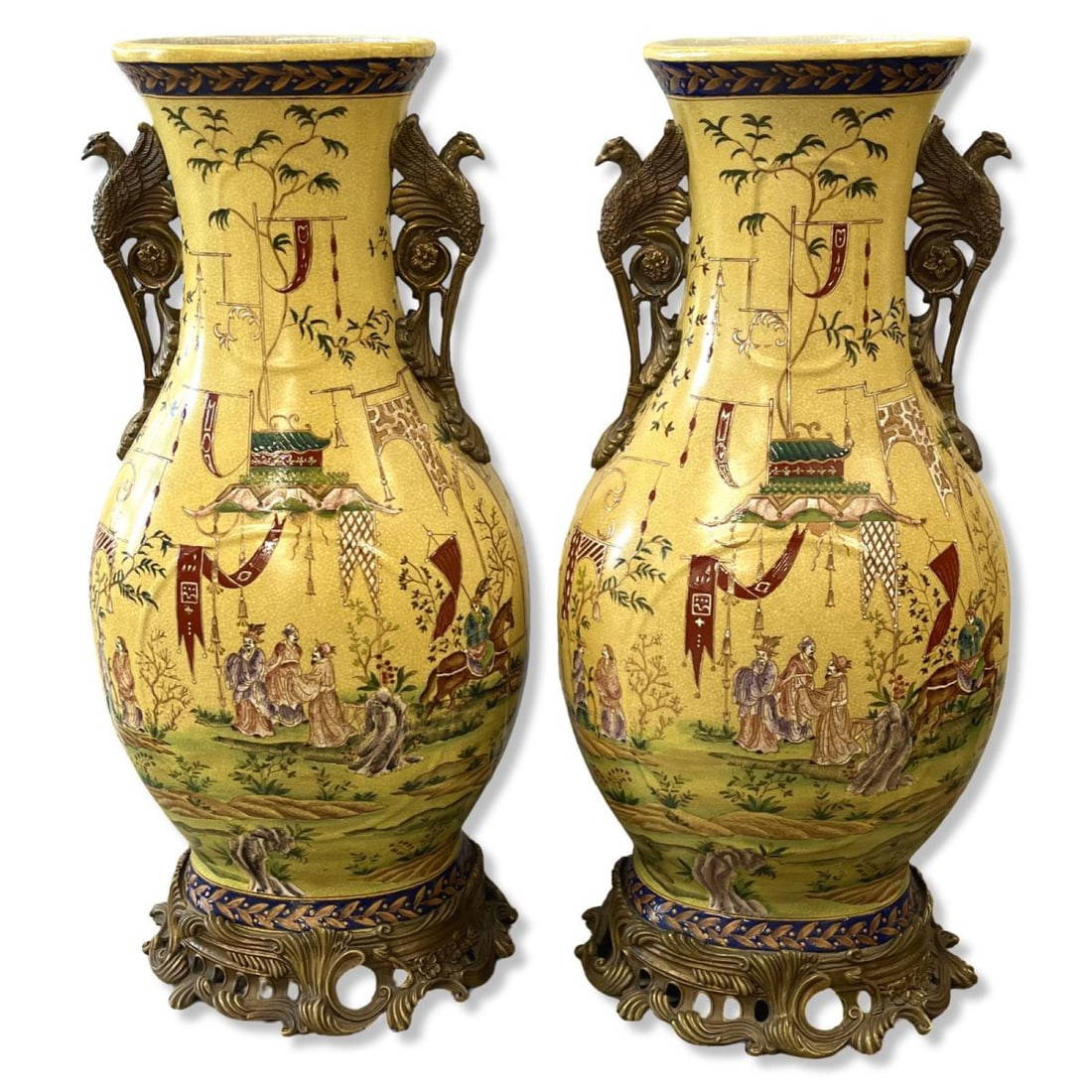 Pair Of Chinese Wong Lee 1895 Porcelain & Bronze Vase Featuring Figural Horse, Crackle Glaze And ...