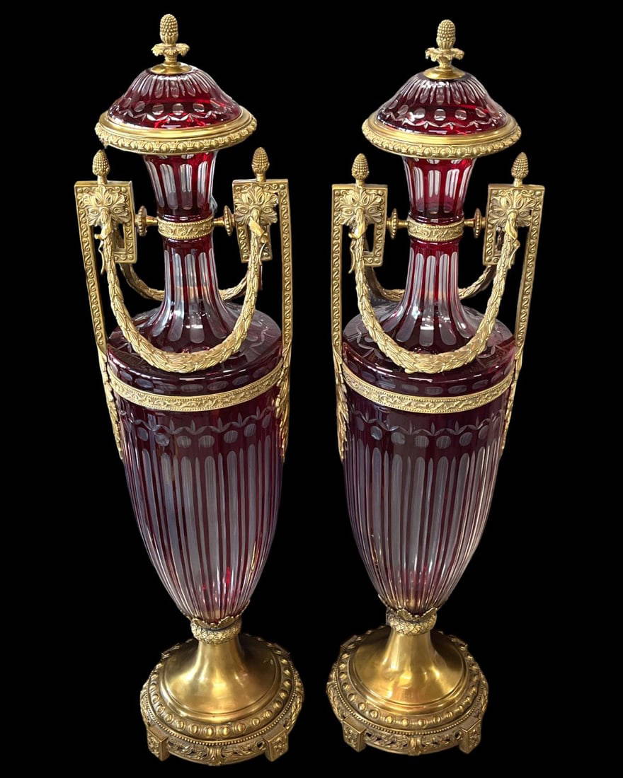 Pair Of European Ruby Red Cut To Clear Glass & Dore Bronze Mounted ...
