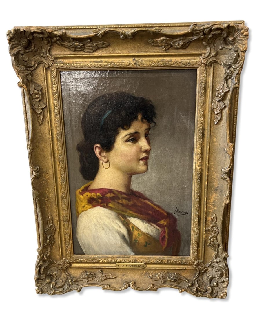 Signed J. Maresca Painting On Canvas Ladies Portrait With A Red Scarf ...