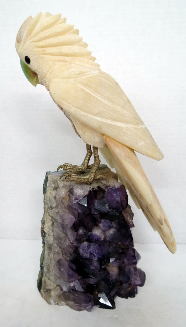 Chinese Hardstone Parrot on Amethyst Rock Stand