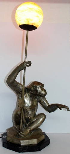 Decorative Painted Bronze Chimpanzee Glass Lamp