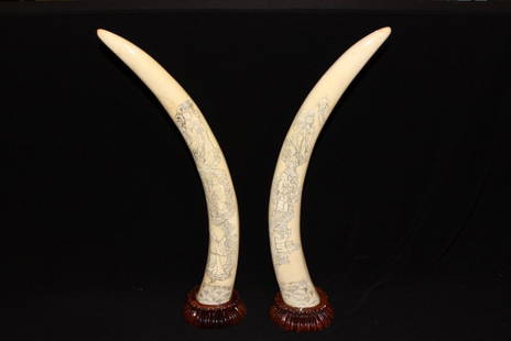 Pair Carved African Ivory Bust Tusks