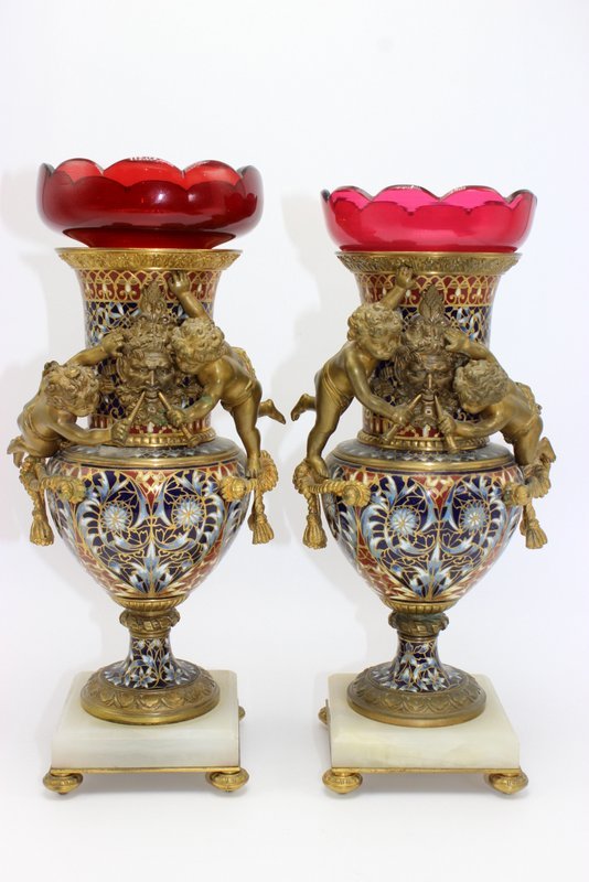 Pair of Antique French Bronze & Champleve Vases