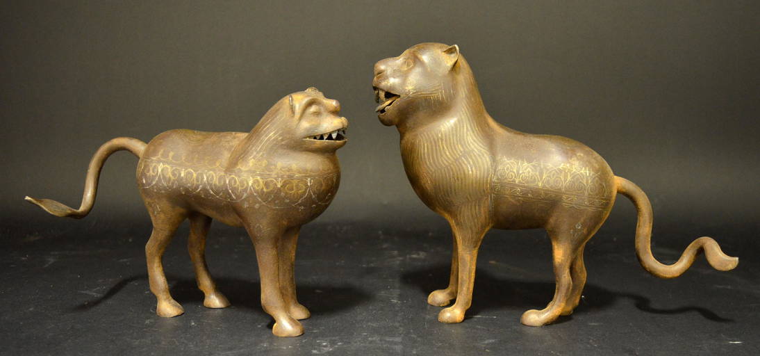 Two Qajar Persian Islamic Inlaid Lions