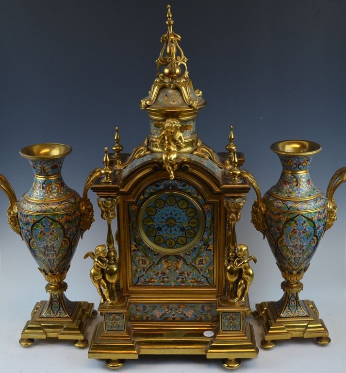 Set Gold-gilt Bronze and Enamel Clock