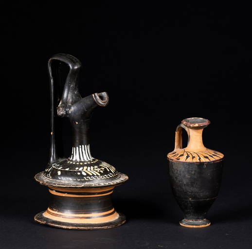 Two Ancient Greek "Lekythos" Vessels (C500 BC), A) Attic black glazed ...